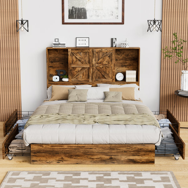 Millwood Pines Athie Bed Frame with Sliding Barn Door Bookcase Headboard & 4 Storage Drawers ...